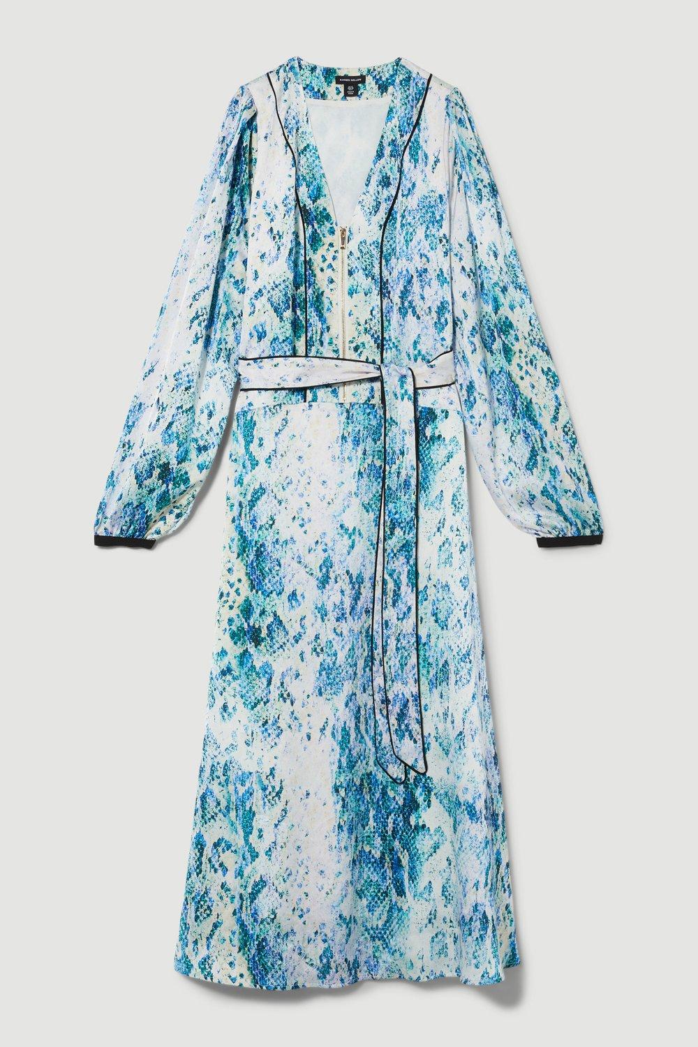 KAREN MILLEN Tall Soft Snake Print Satin Piped Zip Front Midi Dress ...