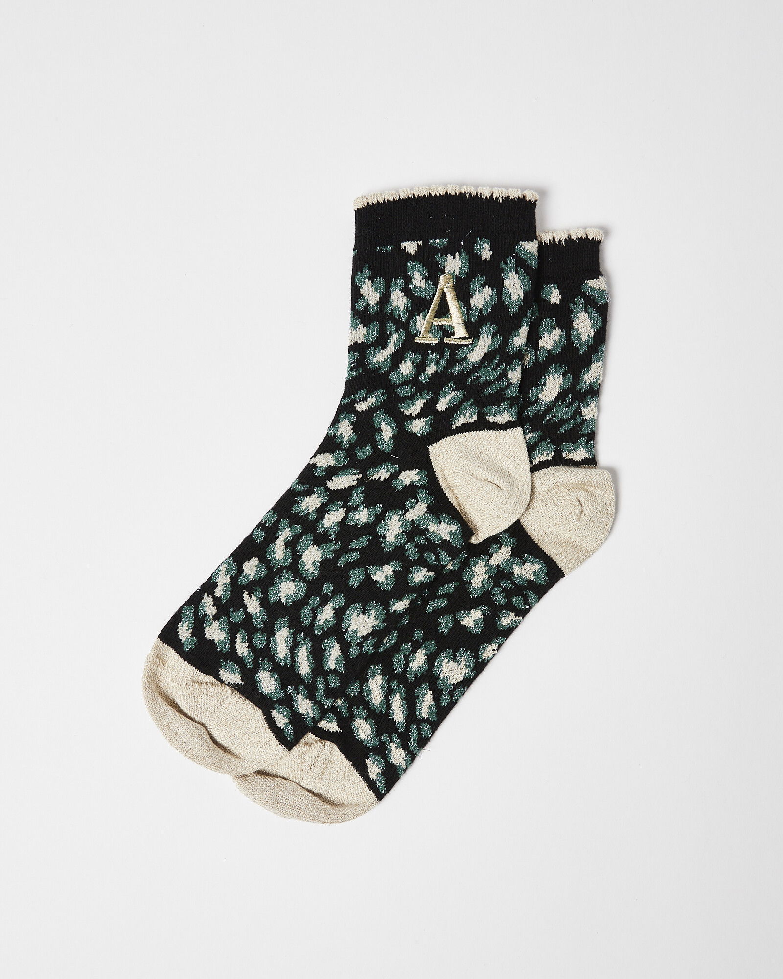 OLIVER BONAS Alphabet Initial Animal Print Ankle Socks in Green | Endource