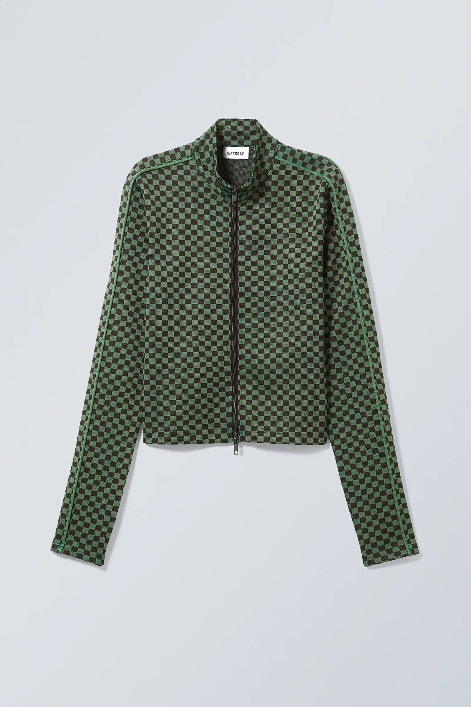 WEEKDAY Taylor Zip Track Suit Jacket in Green Check | endource