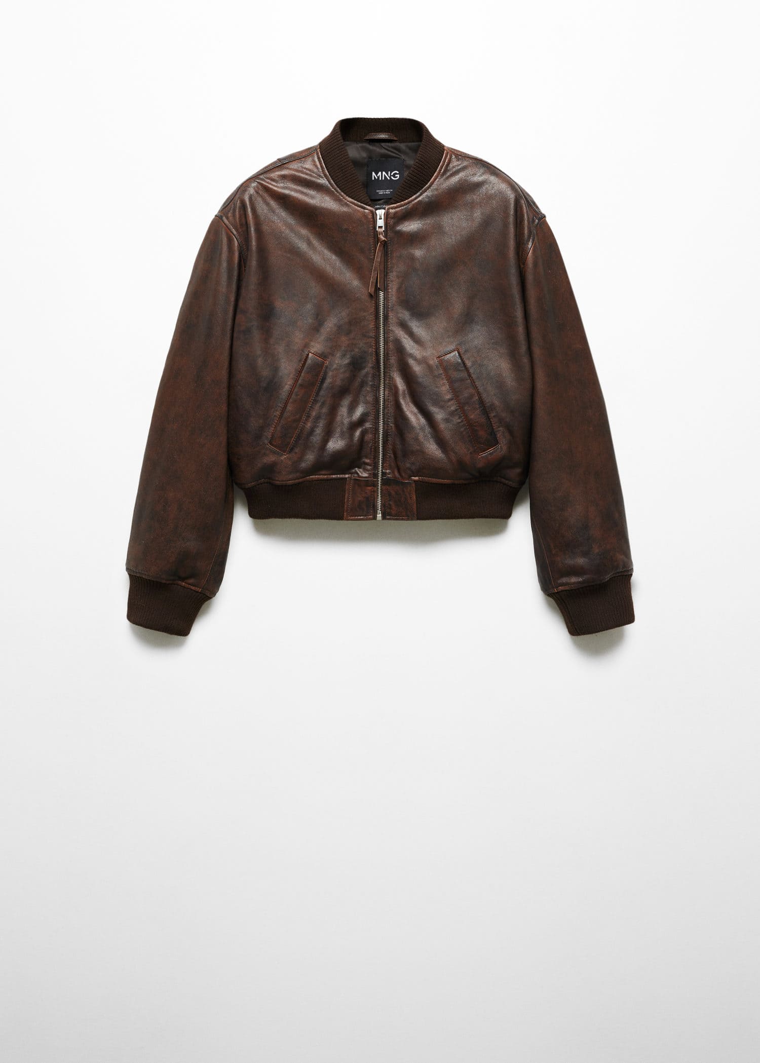 MANGO Leather Bomber Jacket in Brown | Endource