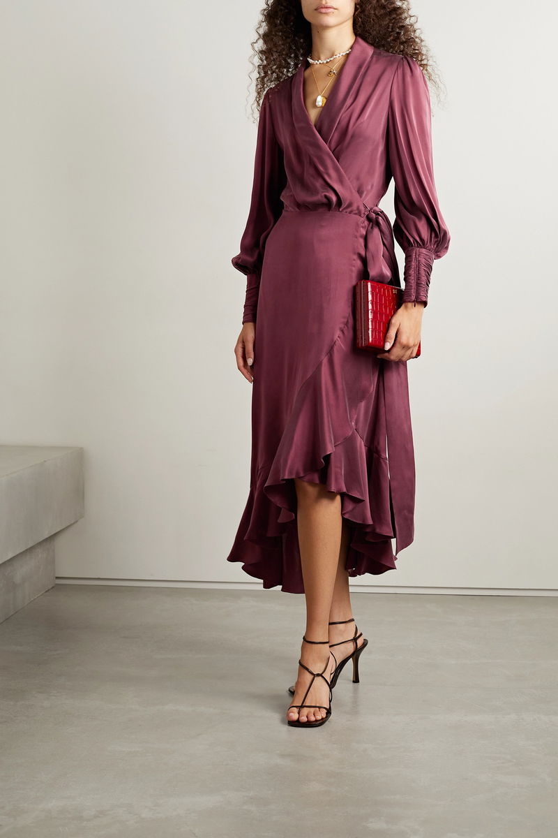 Zimmermann Asymmetric Ruffled Silk Satin Wrap Dress In Burgundy Endource