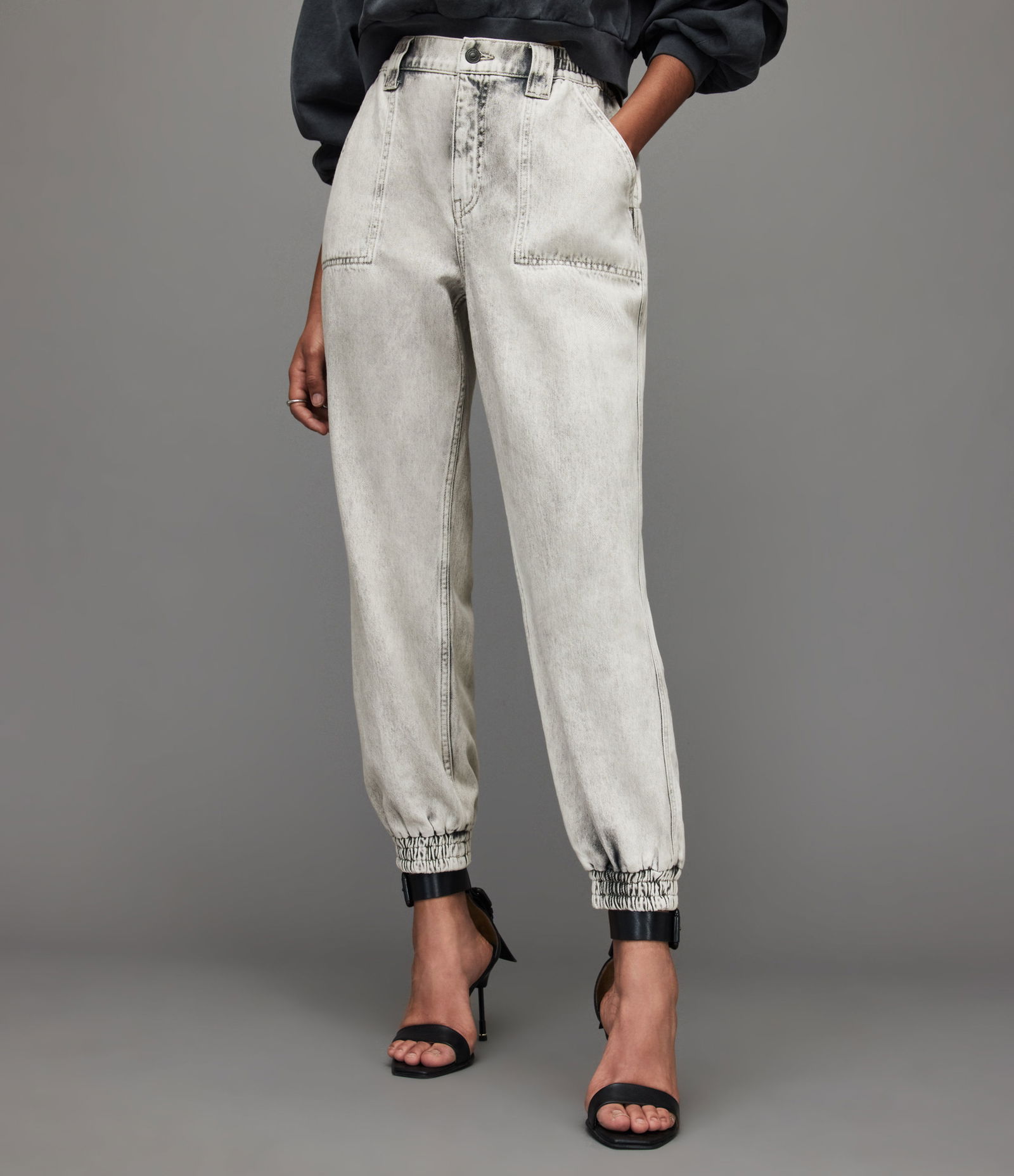 ALLSAINTS Dani High-Rise Denim Joggers in Anthracite Grey | Endource