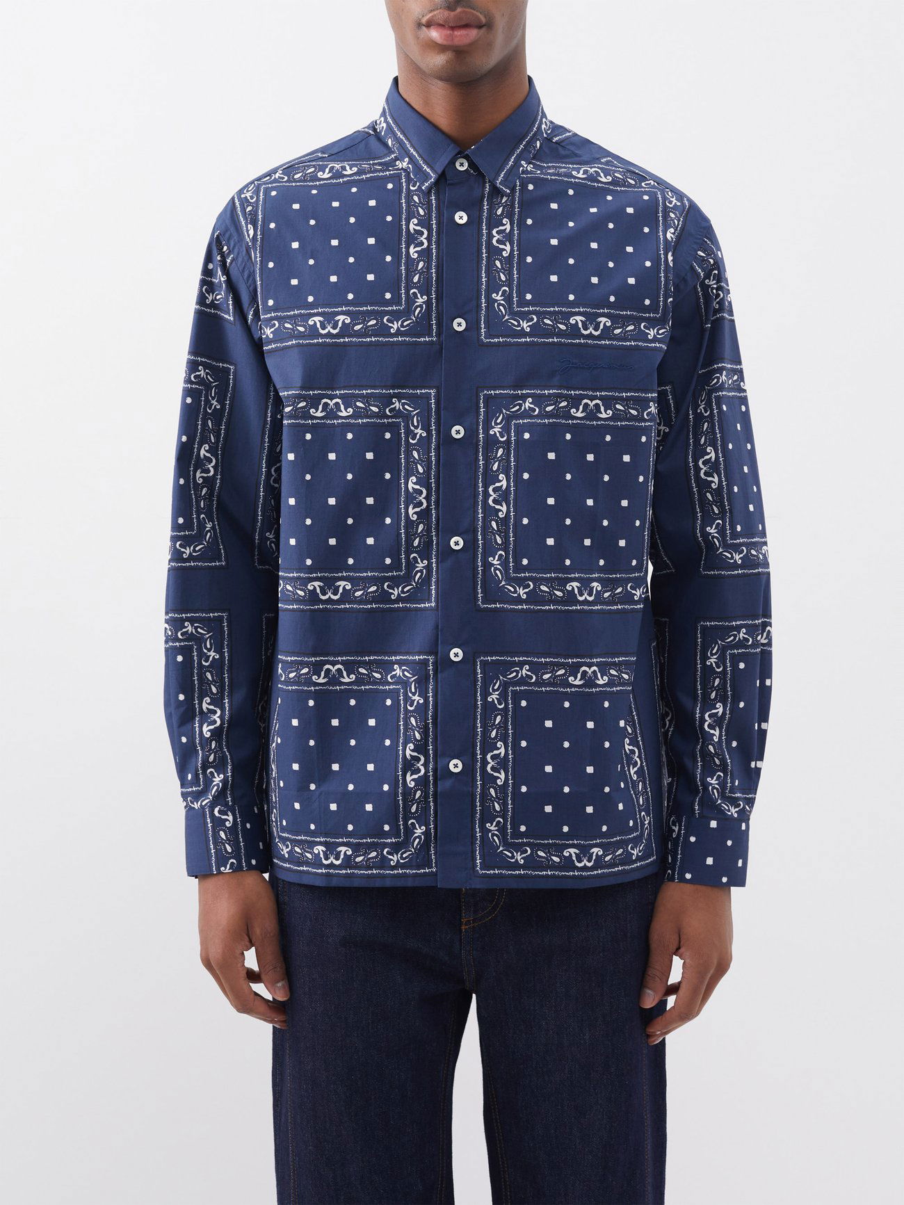 JACQUEMUS Baou Bandana-Print Cotton Shirt in Navy | Endource