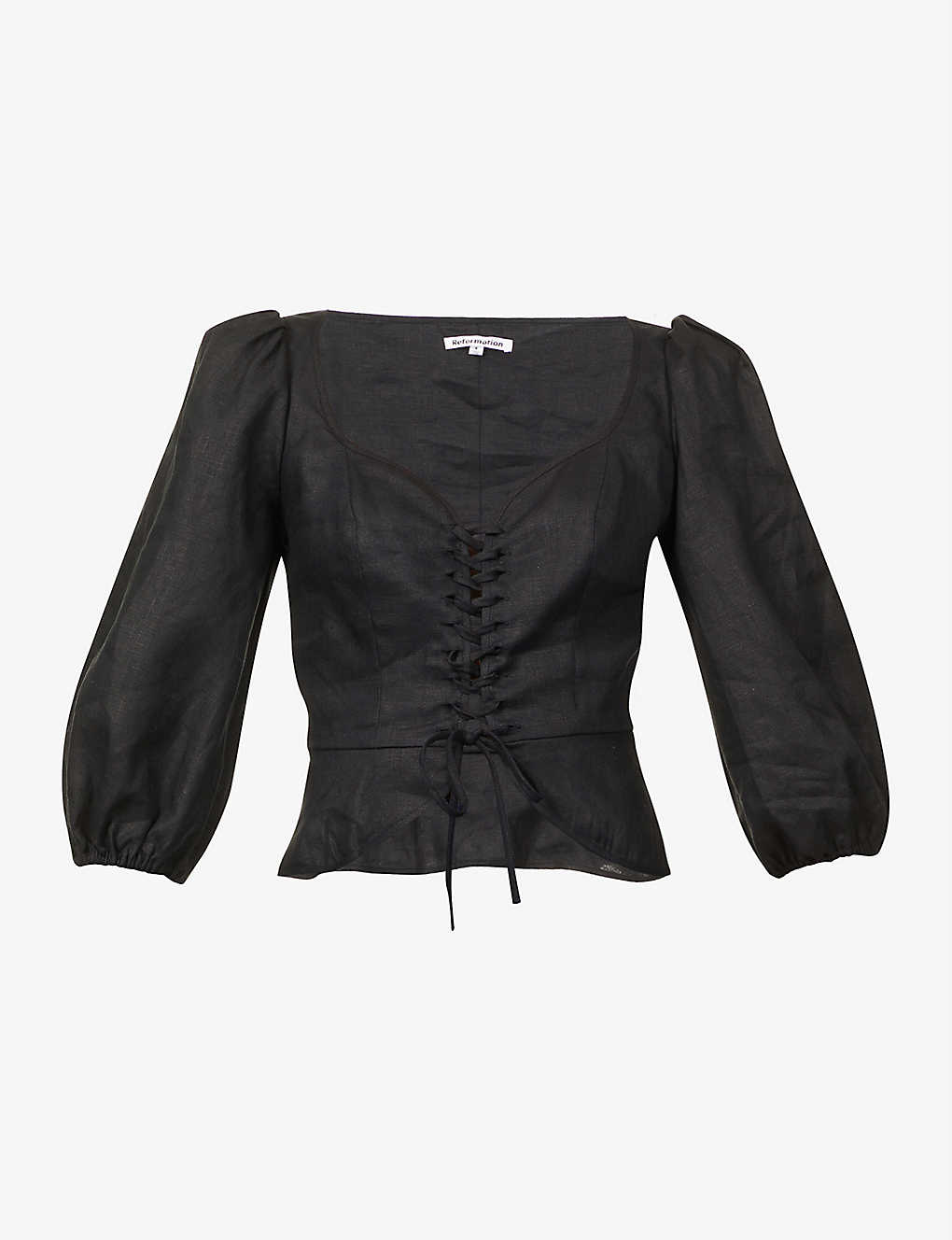 REFORMATION Barrett Puff-Sleeved Lace-Up Linen Top | endource