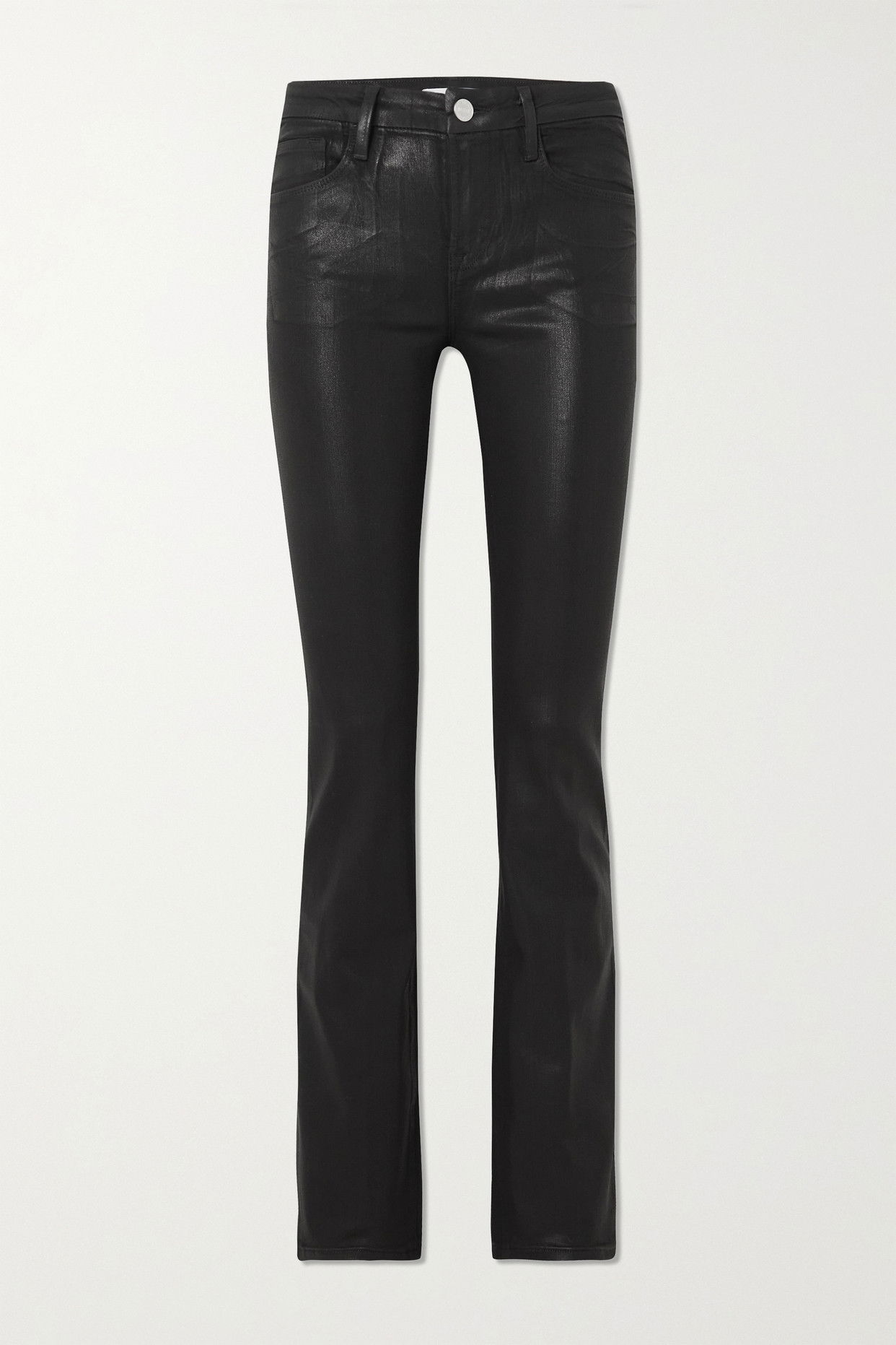 FRAME Le Mini Boot Coated-Denim Flared Pants in Black | endource
