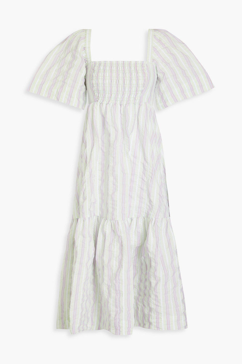 GANNI Striped Cotton Seersucker Midi Dress in Green | Endource