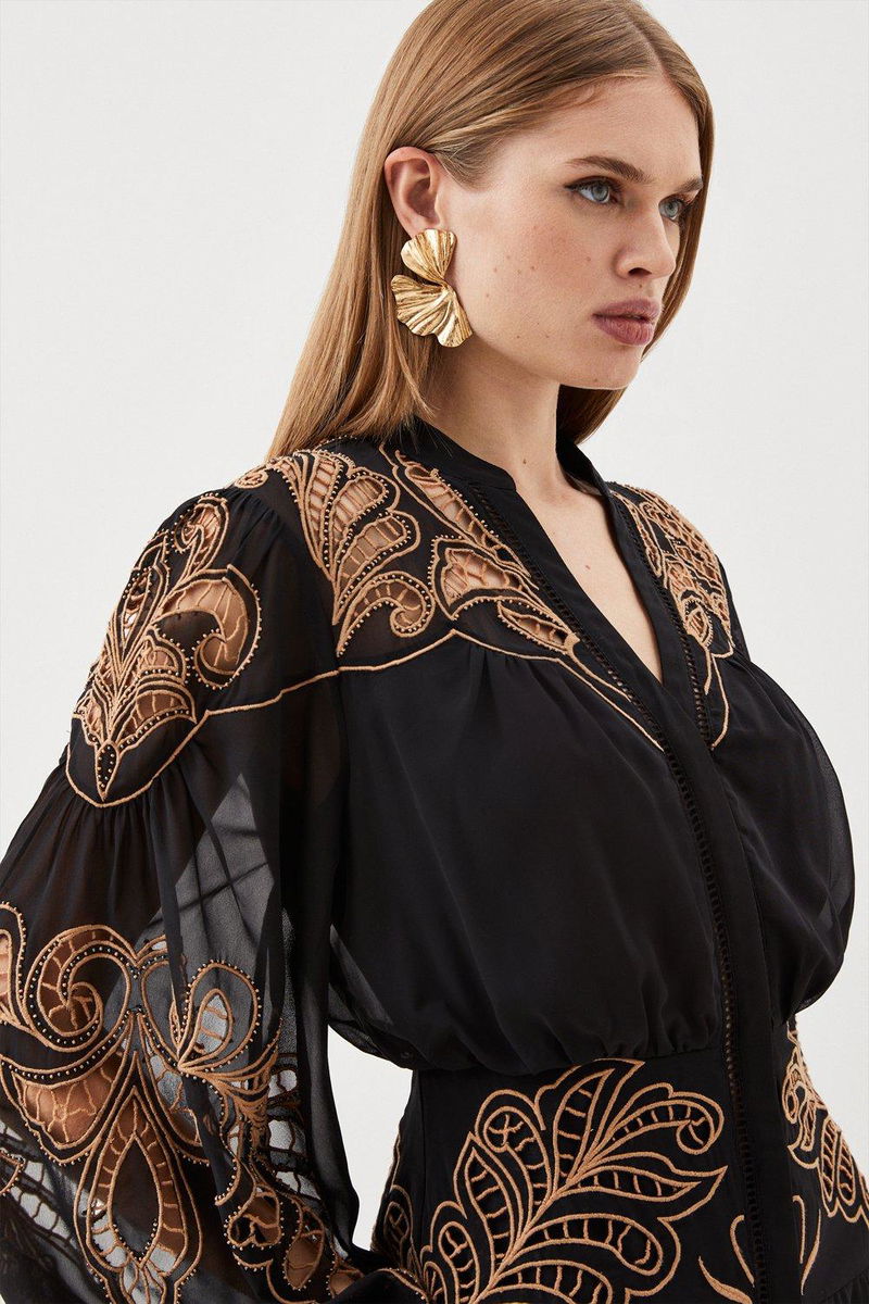 Karen Millen Tall Cotton Cutwork Beaded Embroidered Woven Mini Dress In