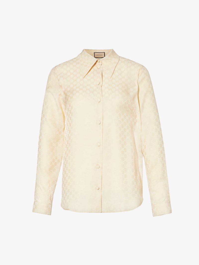 GUCCI Monogram-Pattern Satin-Texture Regular-Fit Silk Shirt | Endource