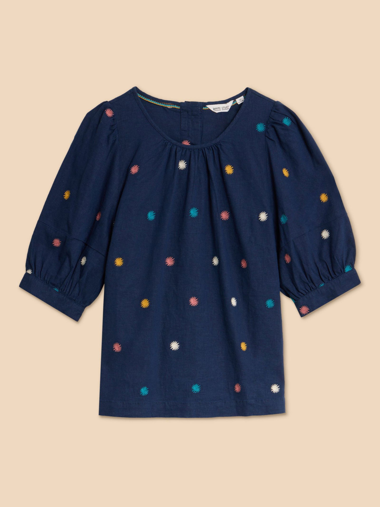 WHITE STUFF Shelly Floral Stitch Linen Blend Top in Navy/Multi | endource