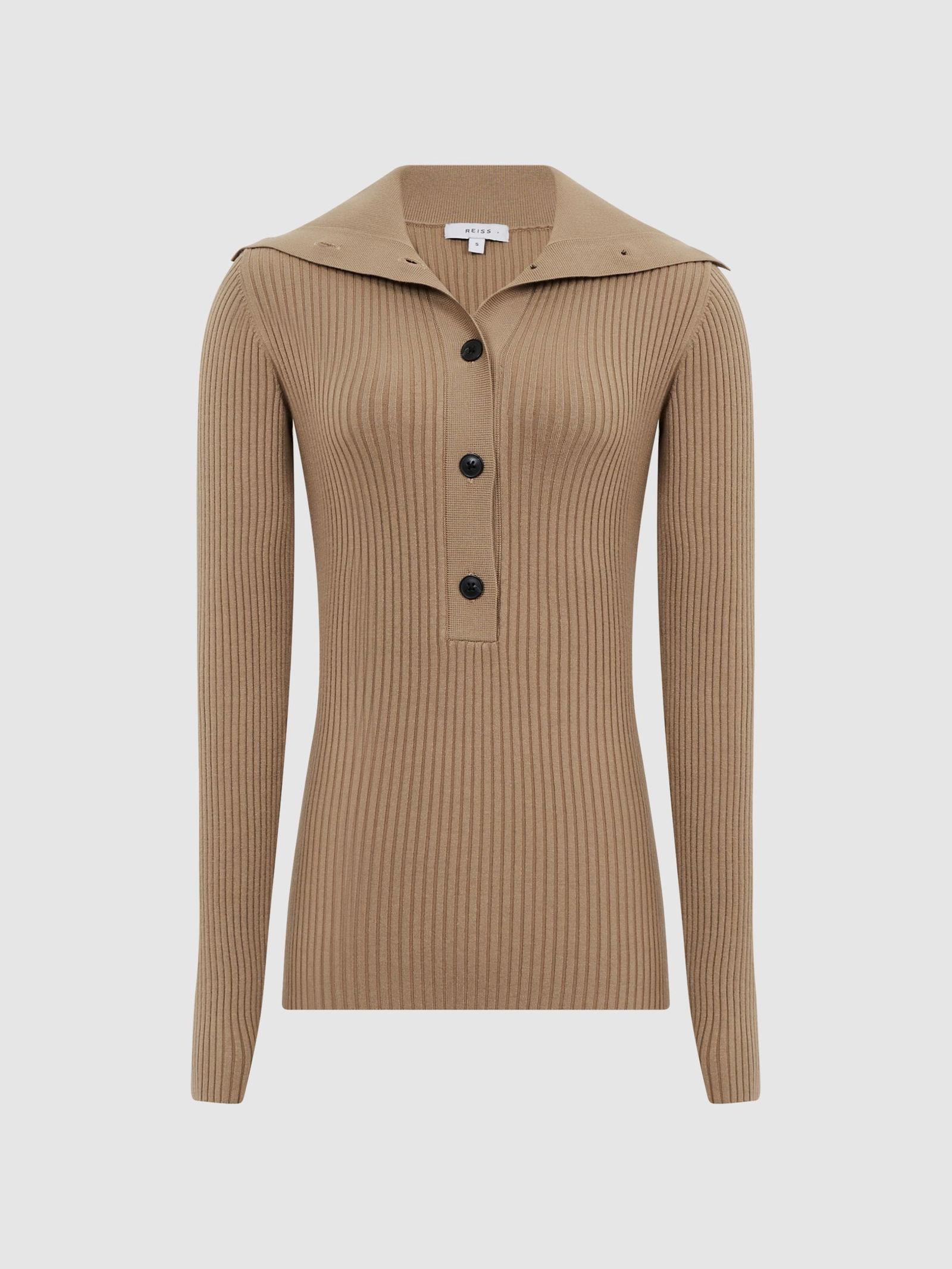 REISS Maia Button Collar Jumper Top in Camel | endource