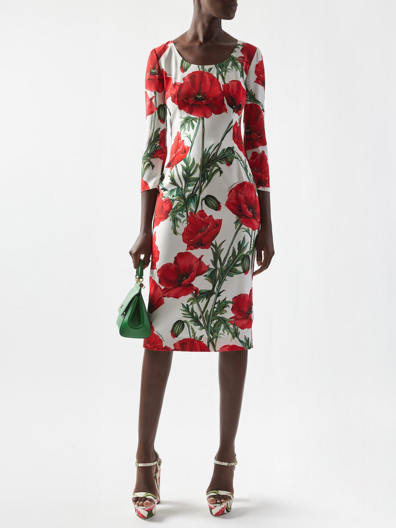 DOLCE & GABBANA Happy Garden Poppy-Print Silk-Blend Midi Dress in White ...
