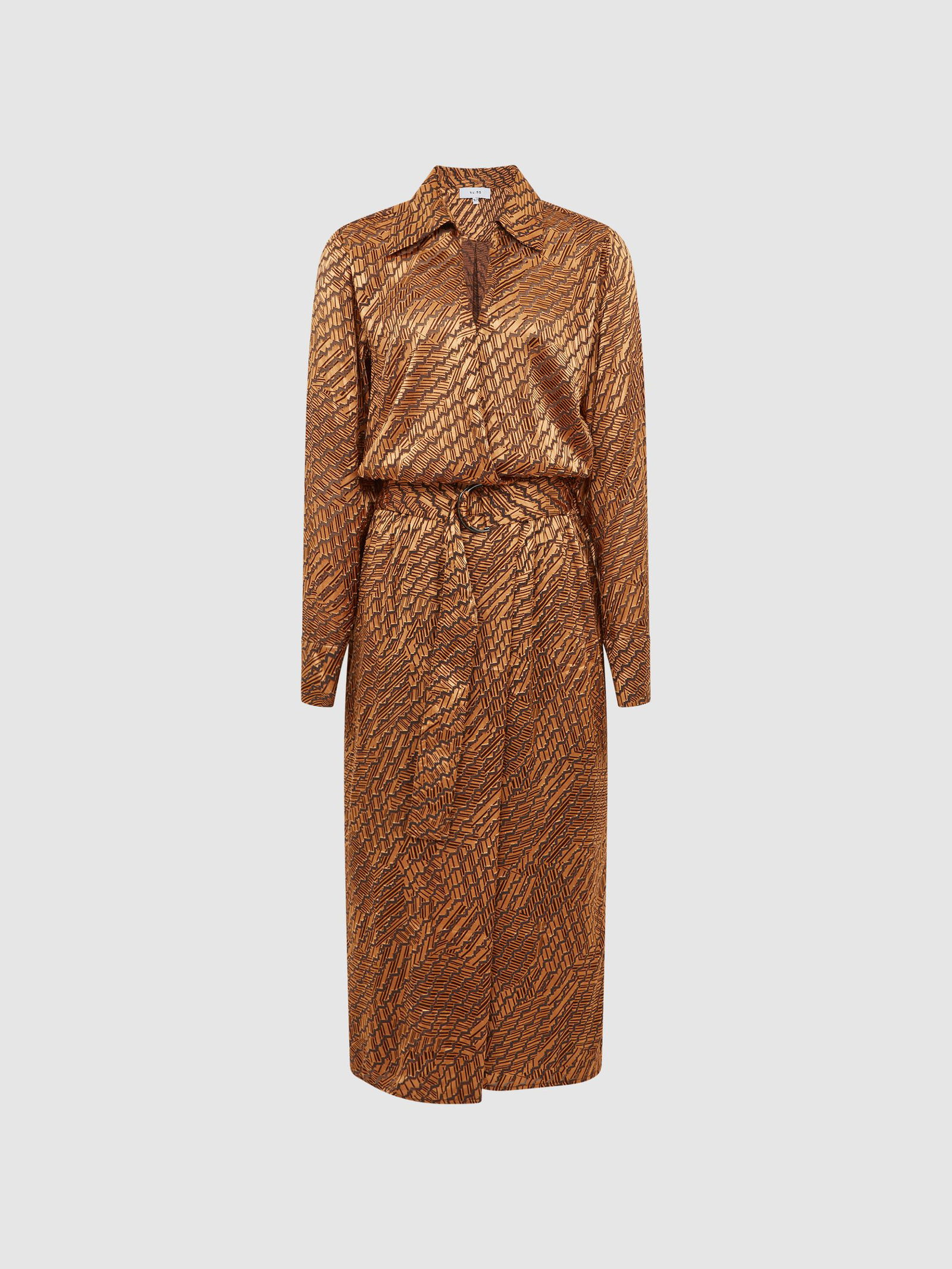 REISS Emily Devoure Print Belted Midi Dress in Bronze | Endource