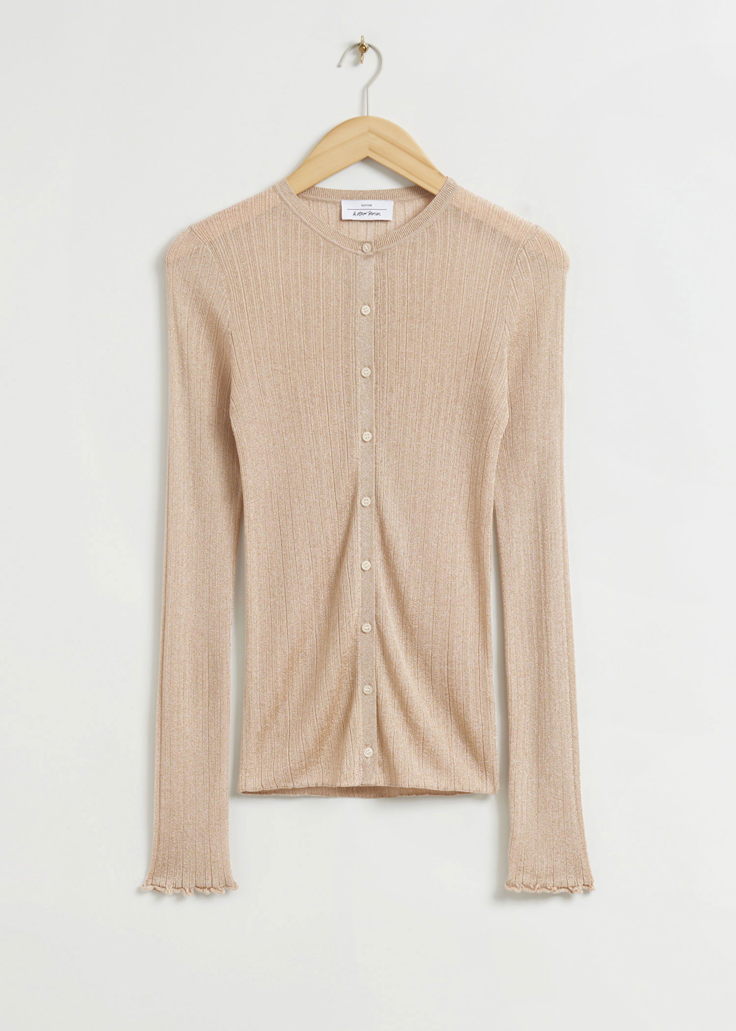 & OTHER STORIES Gold Metallic Fine Knit Cardigan in Gold Lurex | Endource