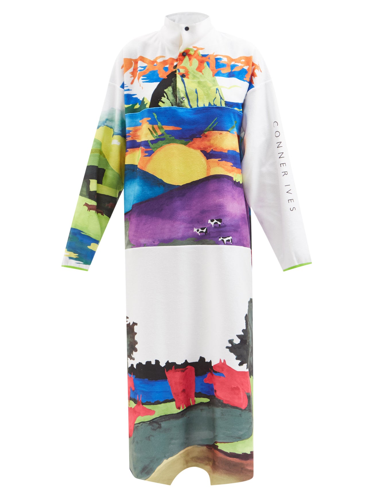 CONNER IVES Folk Art-Print High-Neck Fleece Maxi Dress in White | endource