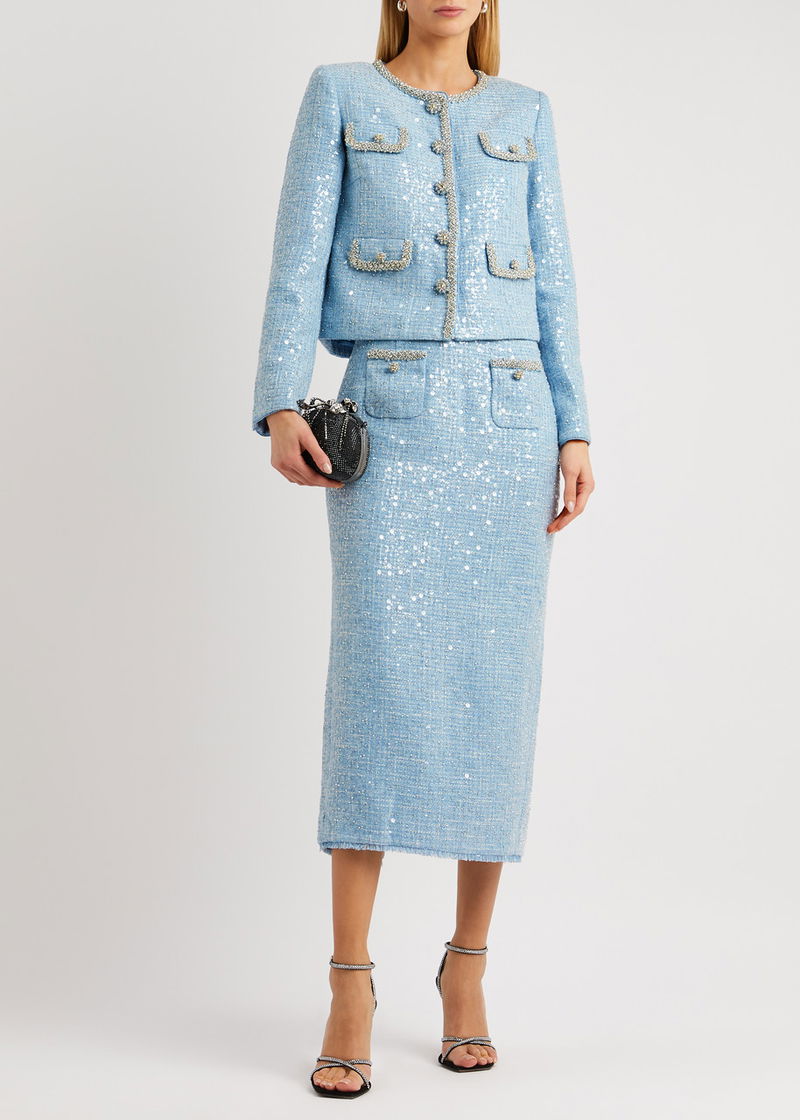 SELF-PORTRAIT Sequin-Embellished Bouclé Tweed Midi Skirt | Endource