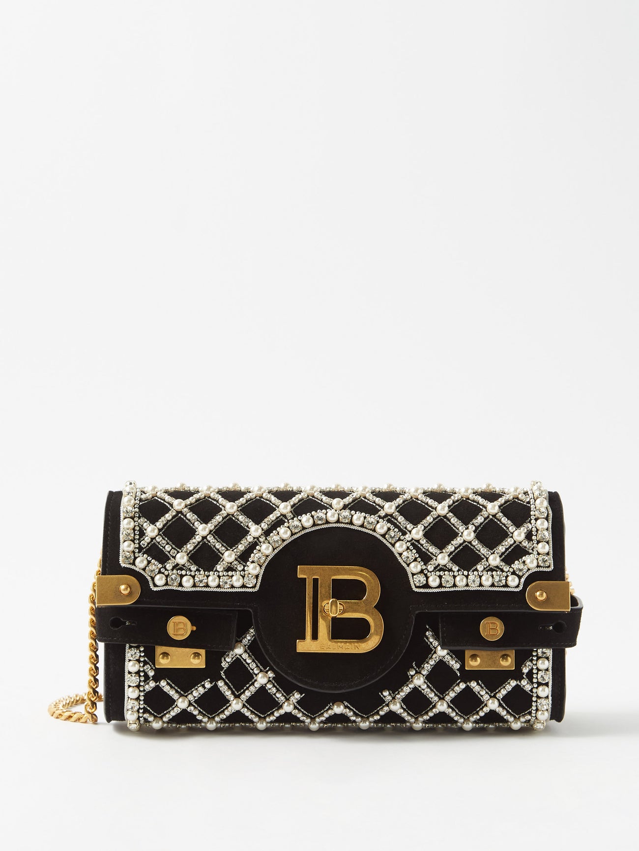 BALMAIN B-Buzz Faux-Pearl And Suede Cross-Body Bag in Black | endource