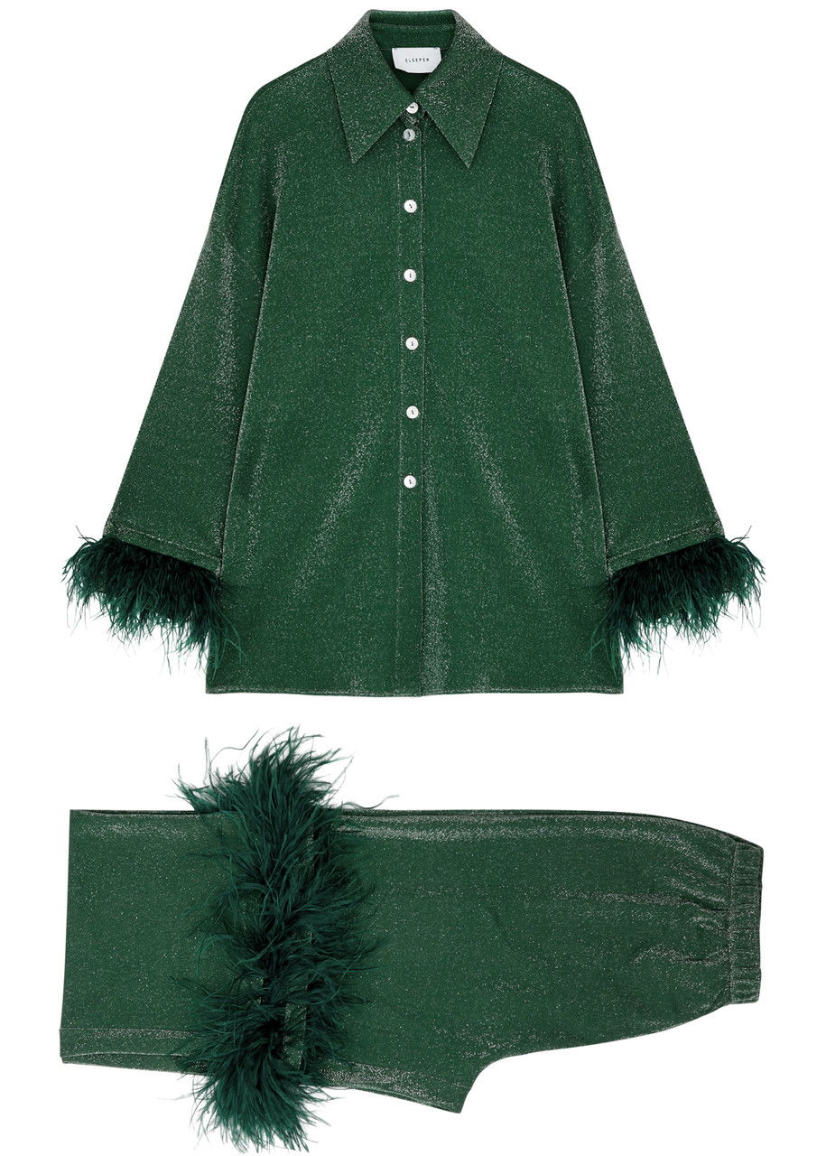 SLEEPER Cosmos Feather-Trimmed Metallic Pyjama Set | endource