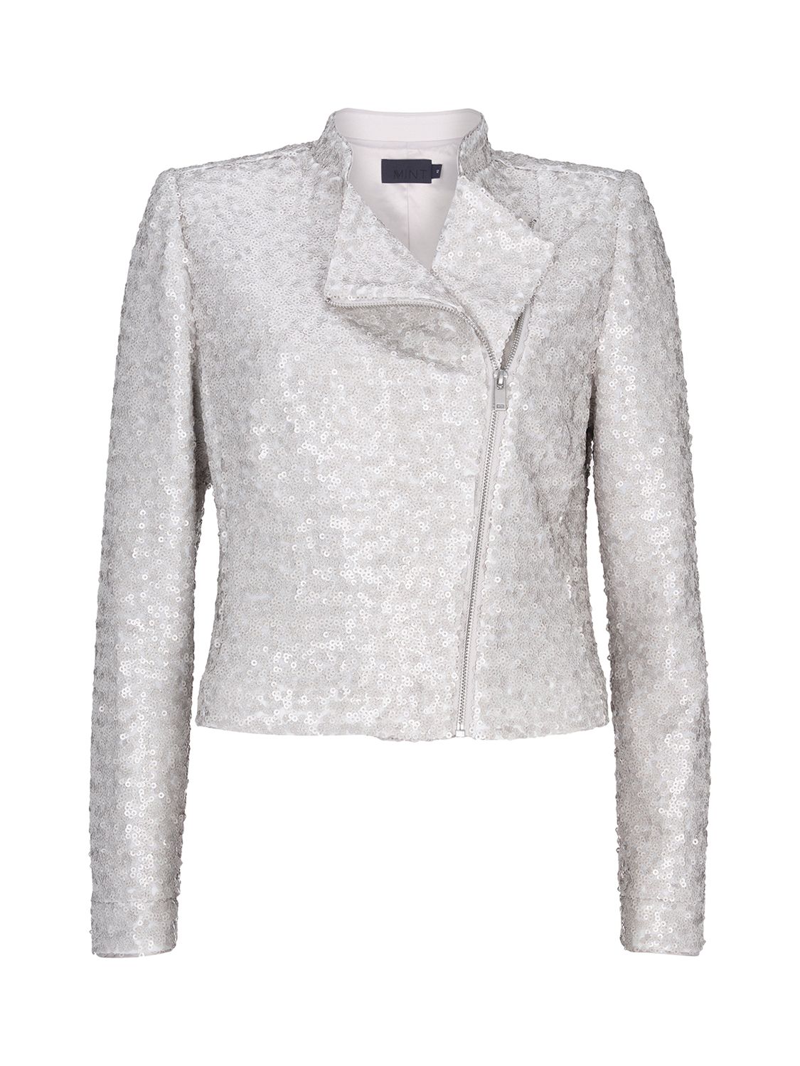 MINT VELVET Sequin Embellished Biker Jacket in Silver | endource