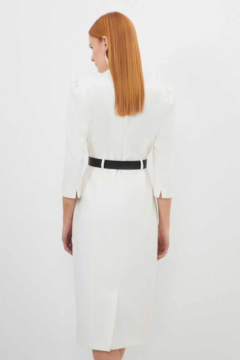Karen Millen Tailored Structured Crepe High Neck Belted Pencil Dress In
