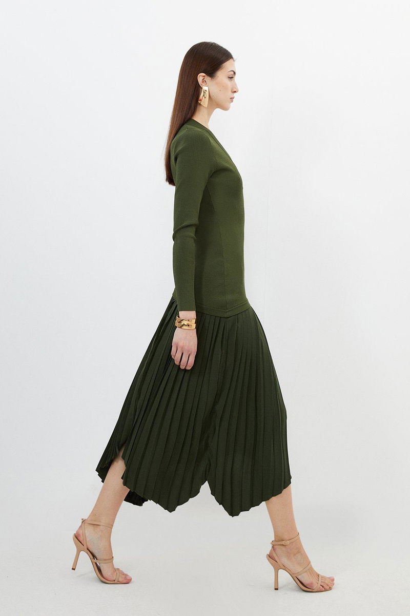 Karen Millen Viscose Blend Knit Mix Asymmetric Midaxi Dress In Khaki