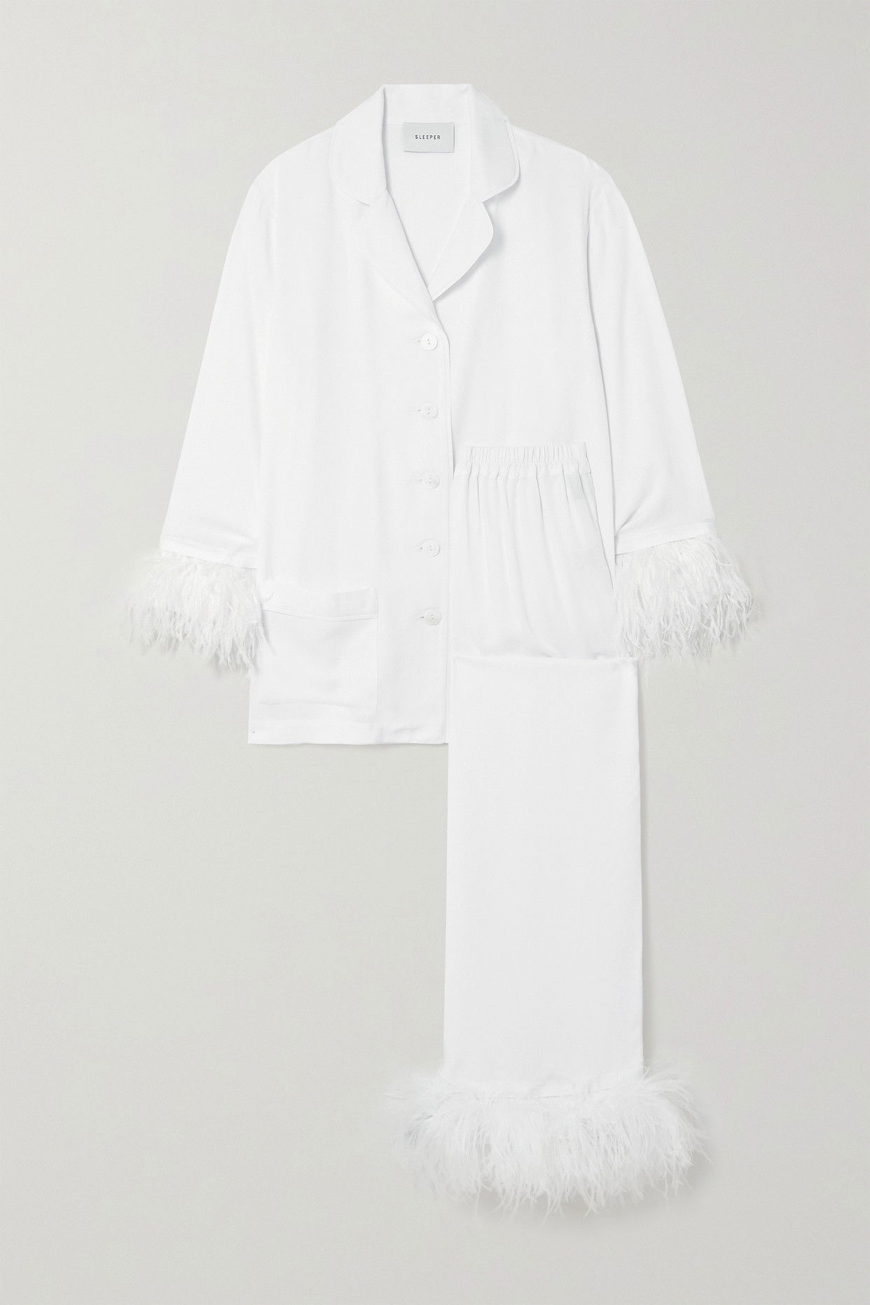 SLEEPER Feather-Trimmed Twill Pajama Set in White | endource