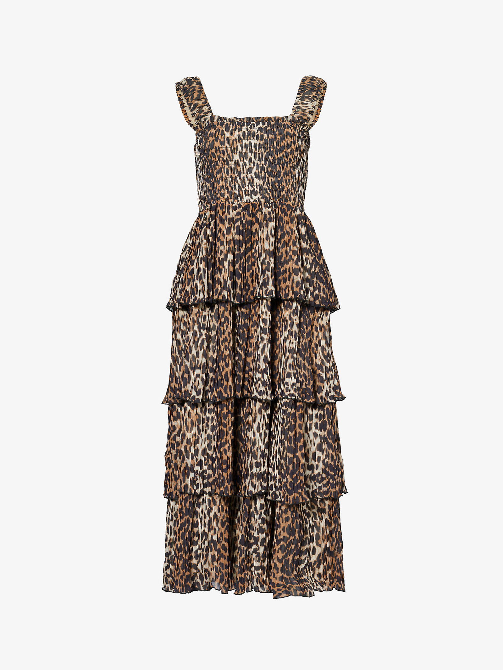 Ganni Leopard Print Tiered Hem Midi Dress In Almond Milk Endource