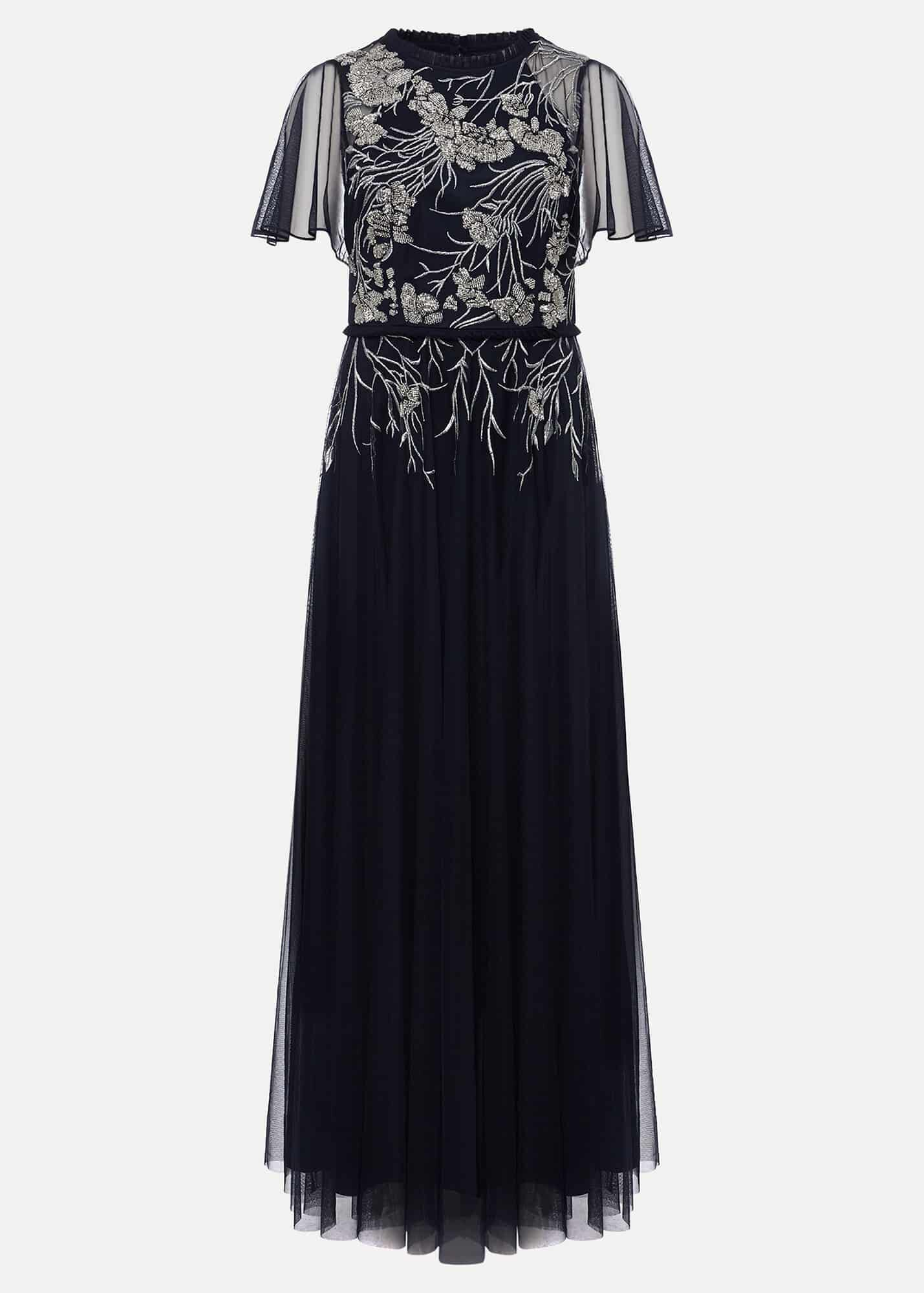 PHASE EIGHT Zena Beaded Tulle Maxi Dress in Navy/Silver | endource