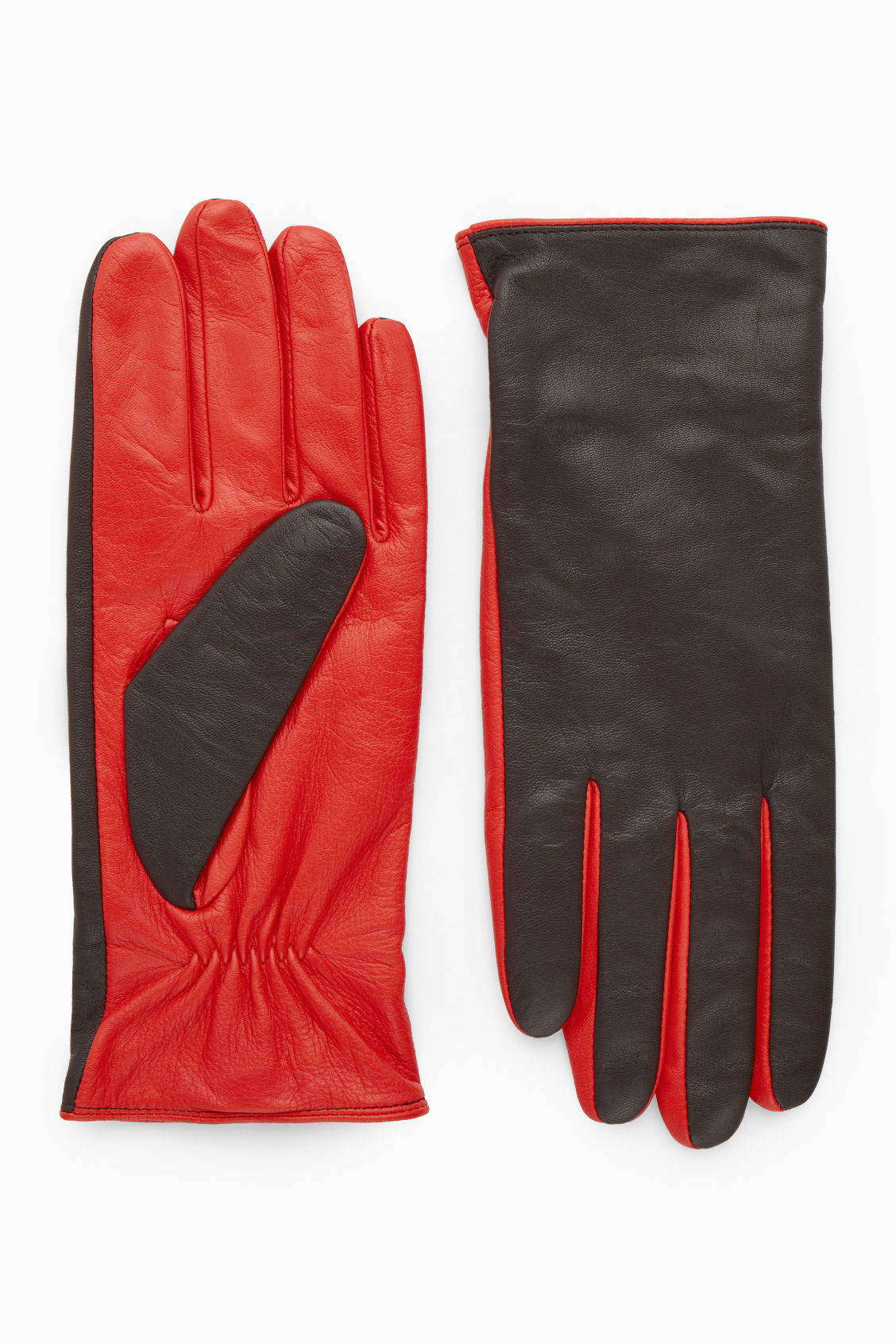 COS Cashmere-Lined Colour-Block Leather Gloves in BRIGHT RED / DARK ...