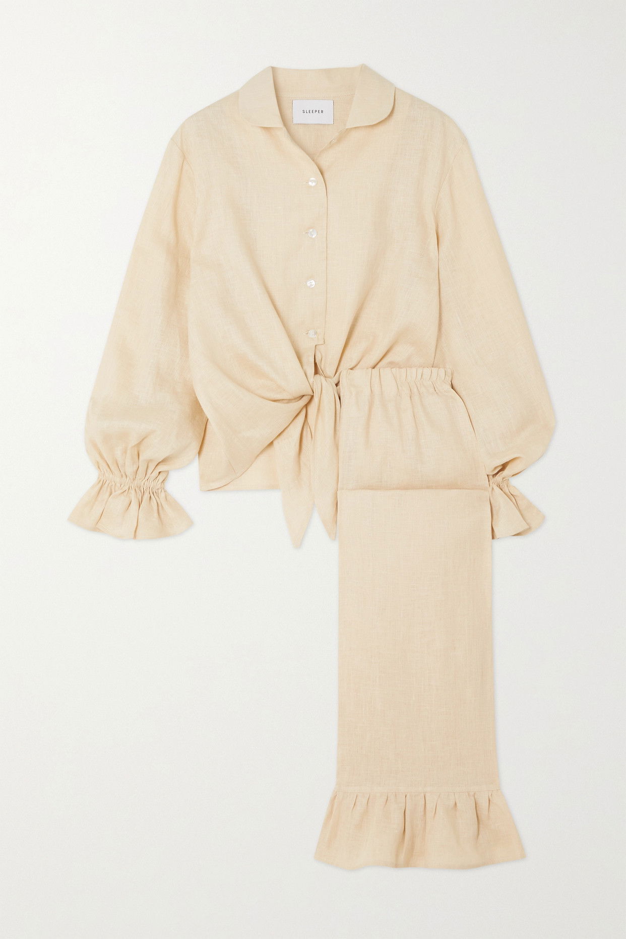 SLEEPER Rumba Ruffled Linen Shirt And Pants Set in Neutrals | Endource