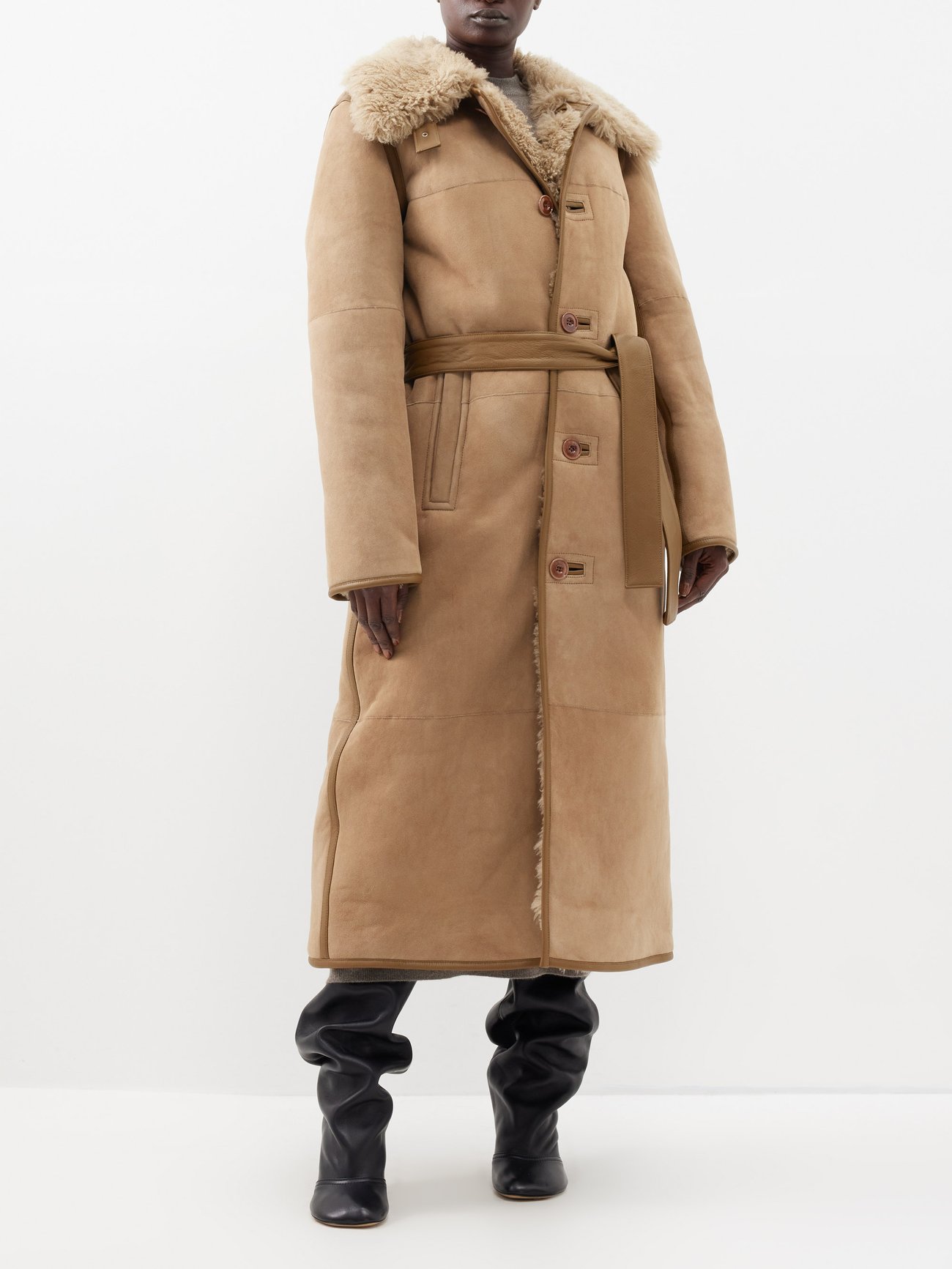 LEMAIRE Belted Shearling Suede Coat in Beige | Endource