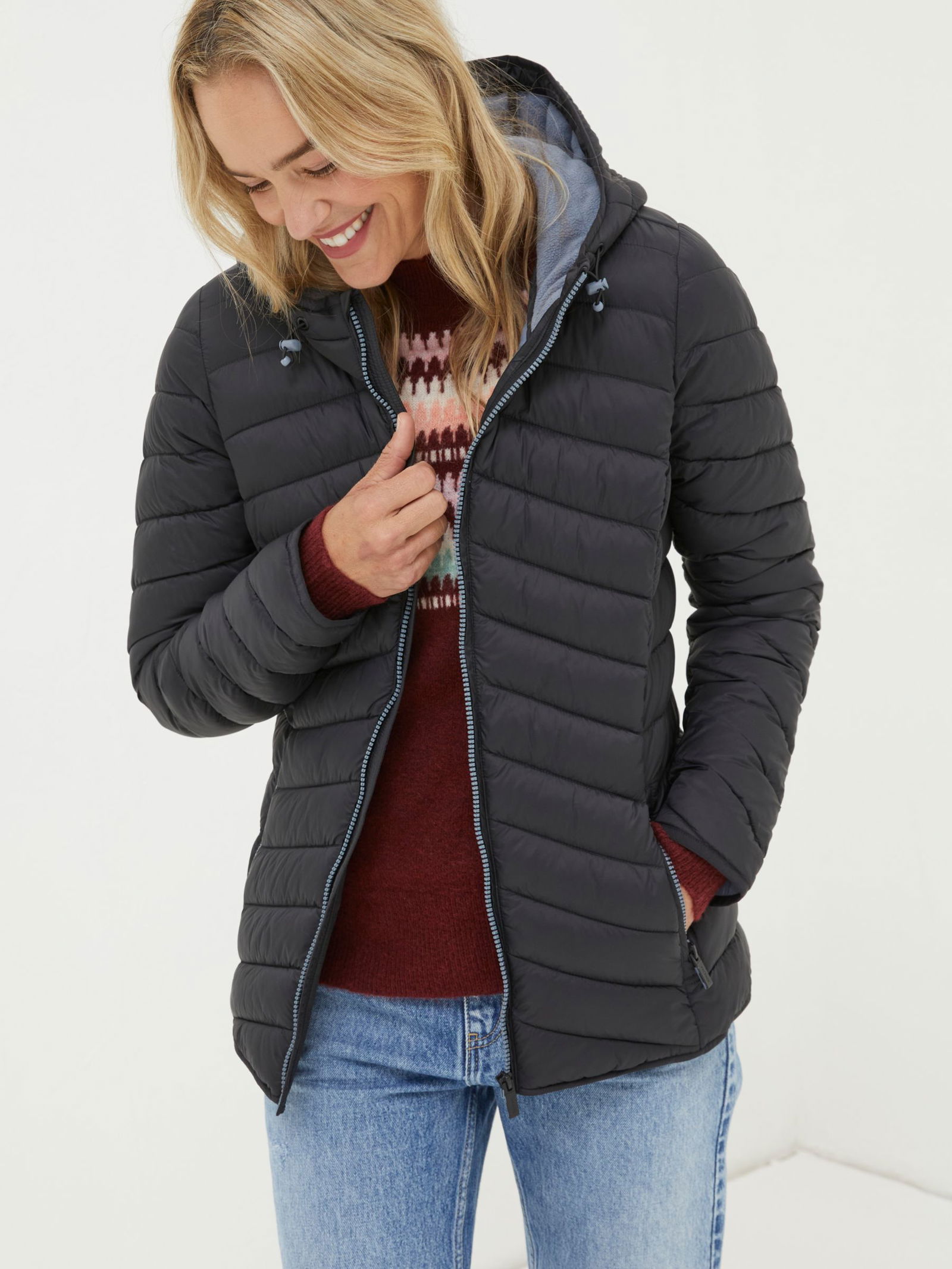 FATFACE Ruby Lightweight Hooded Quilted Jacket in Dark Purple | endource