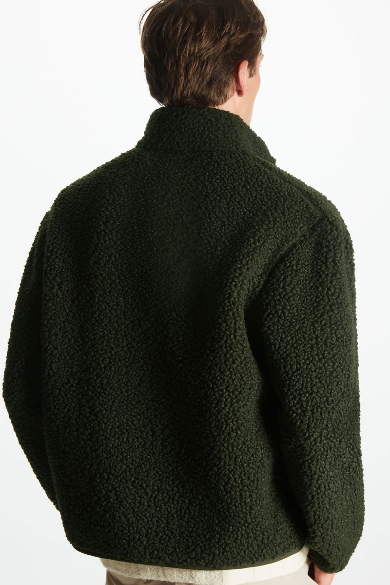 COS Relaxed-Fit Teddy Zip-Up Jacket in DARK GREEN | endource