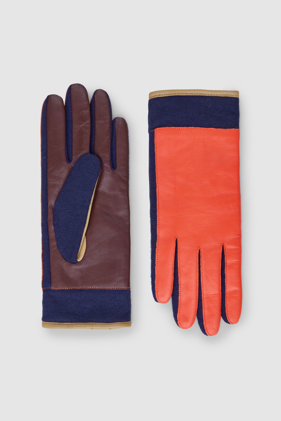 COS Colour-Block Leather Gloves in ORANGE / BROWN / NAVY | Endource