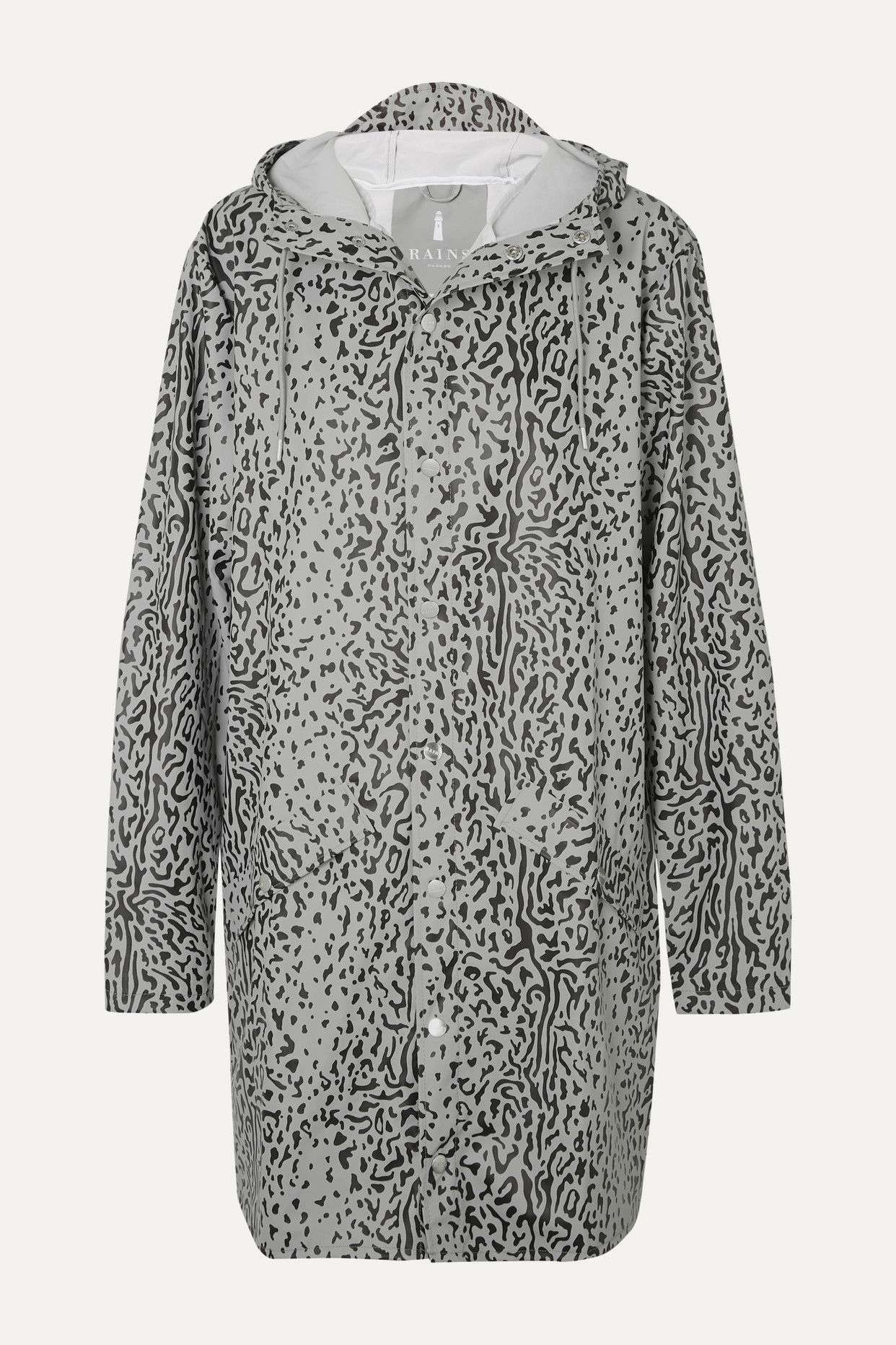 RAINS Hooded Leopard-Print Matte-PU Raincoat in Gray | endource