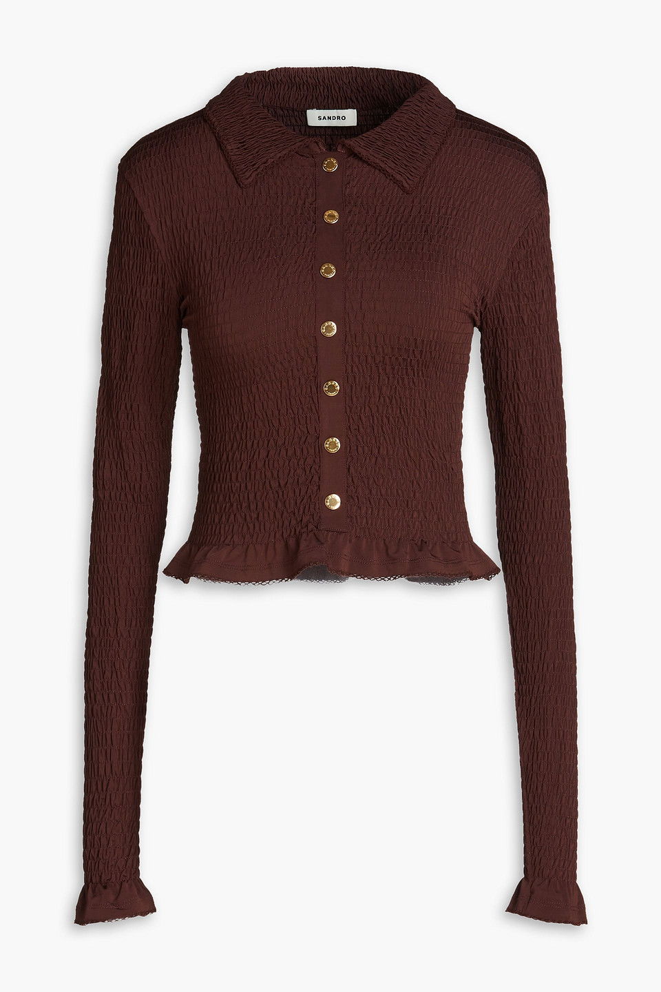 SANDRO Gathered Button Cardigan in Burgundy | endource