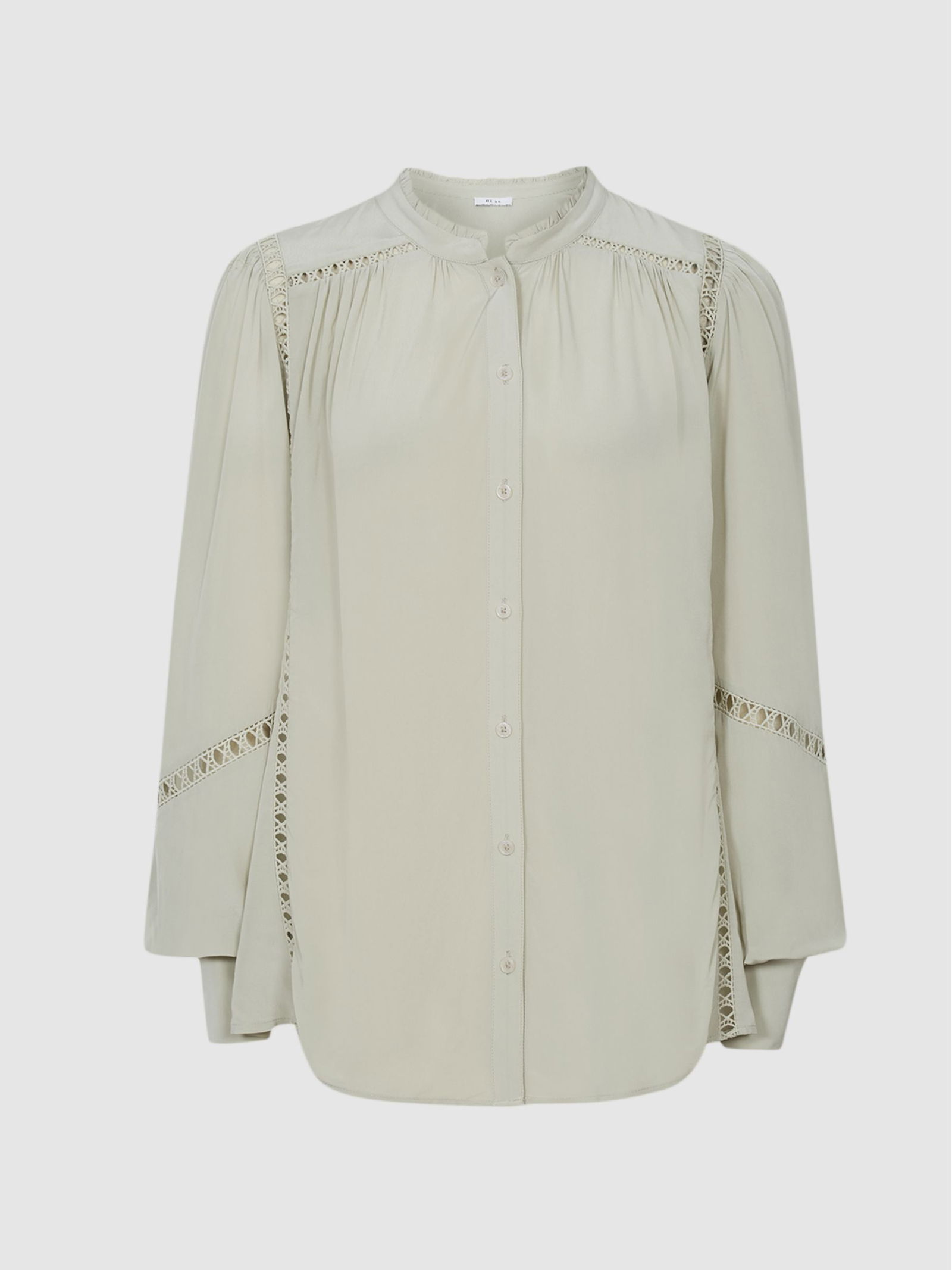 REISS Kalisa Ladder Embroidery Satin Blouse in Pale Green | endource