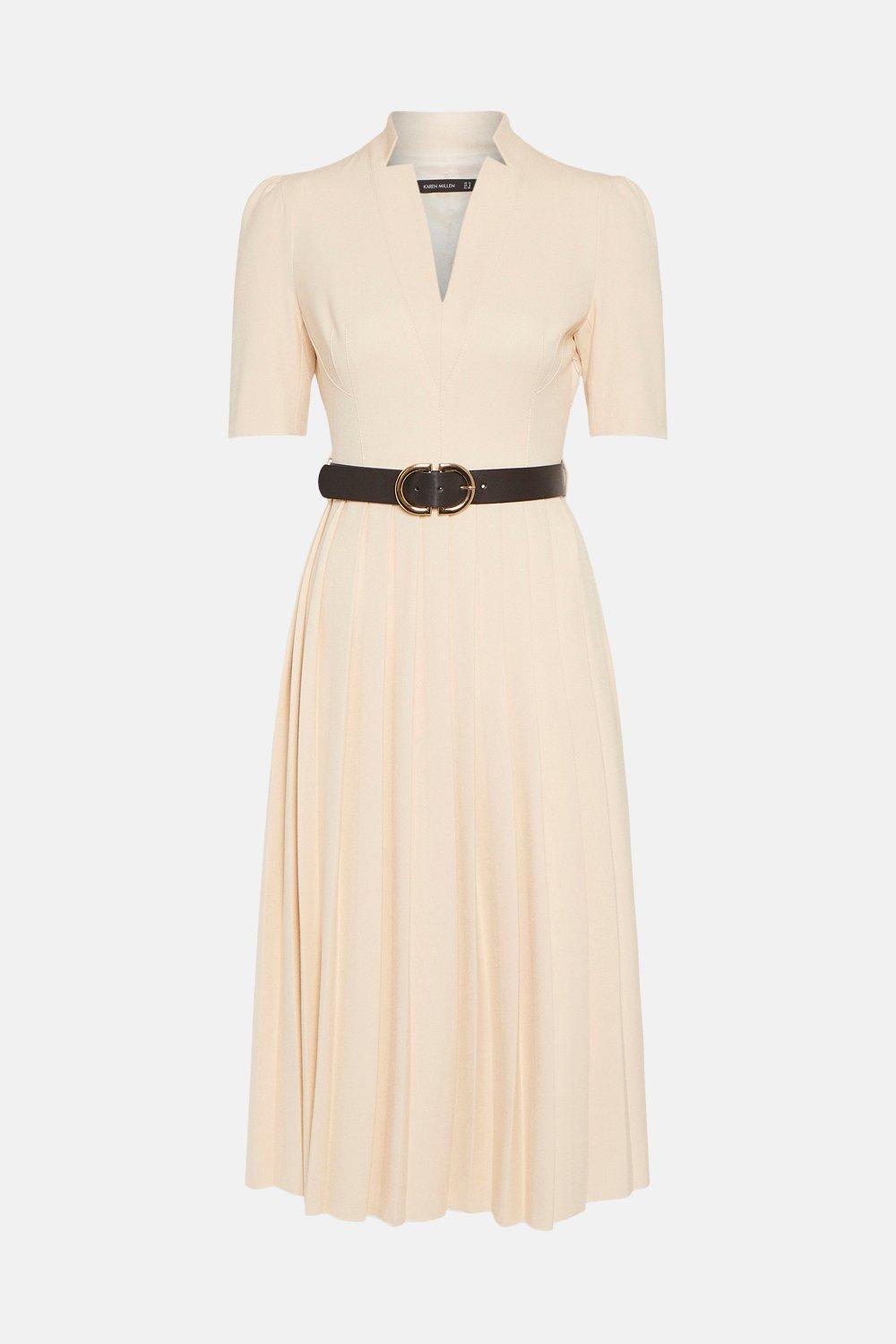 KAREN MILLEN Tall Structured Forever Pleat Belted Midi Dress in Ivory ...