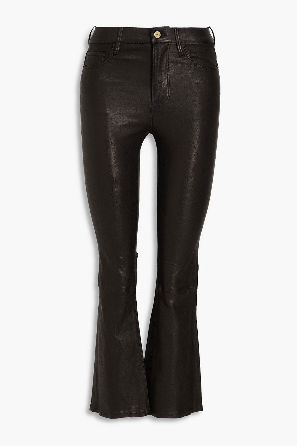 FRAME Le Crop Mini Boot Cropped Leather Bootcut Pants in Black | endource