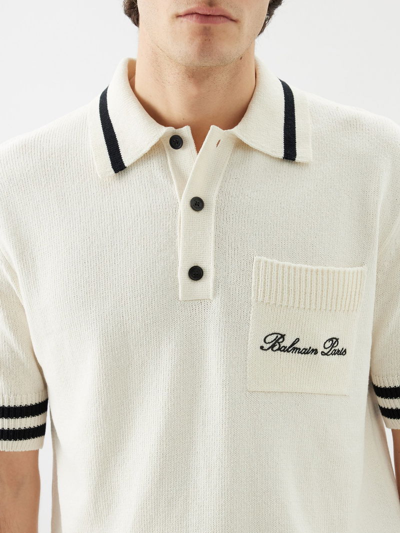 BALMAIN Embroidered-Logo Knitted Polo Shirt in White | endource