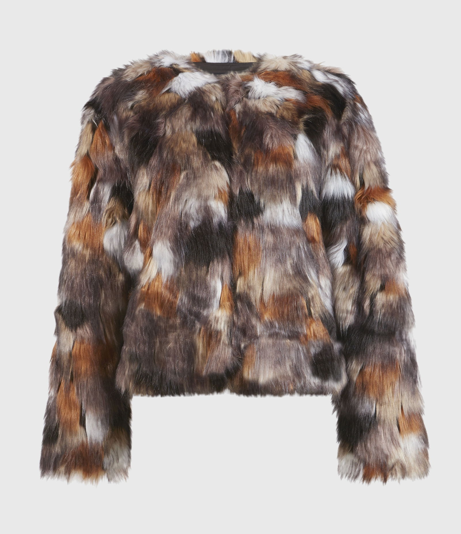 ALLSAINTS Fifi Faux Fur Patch Jacket in Beige/Gold | endource
