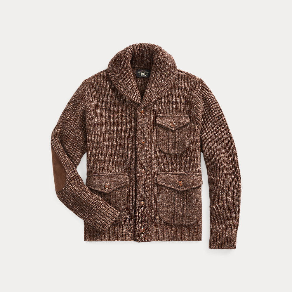RALPH LAUREN RRL Suede-Trim Marled Shawl Cardigan in Brown | endource