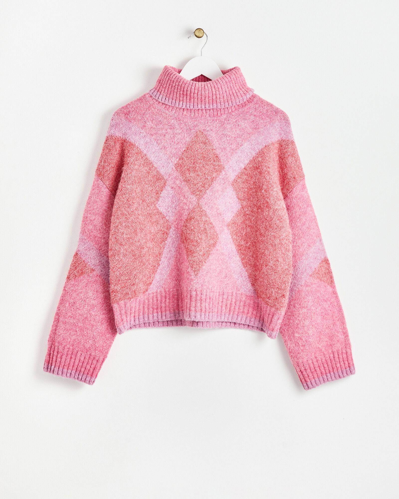 OLIVER BONAS Diamond Roll Neck Knitted Jumper in Pink | endource