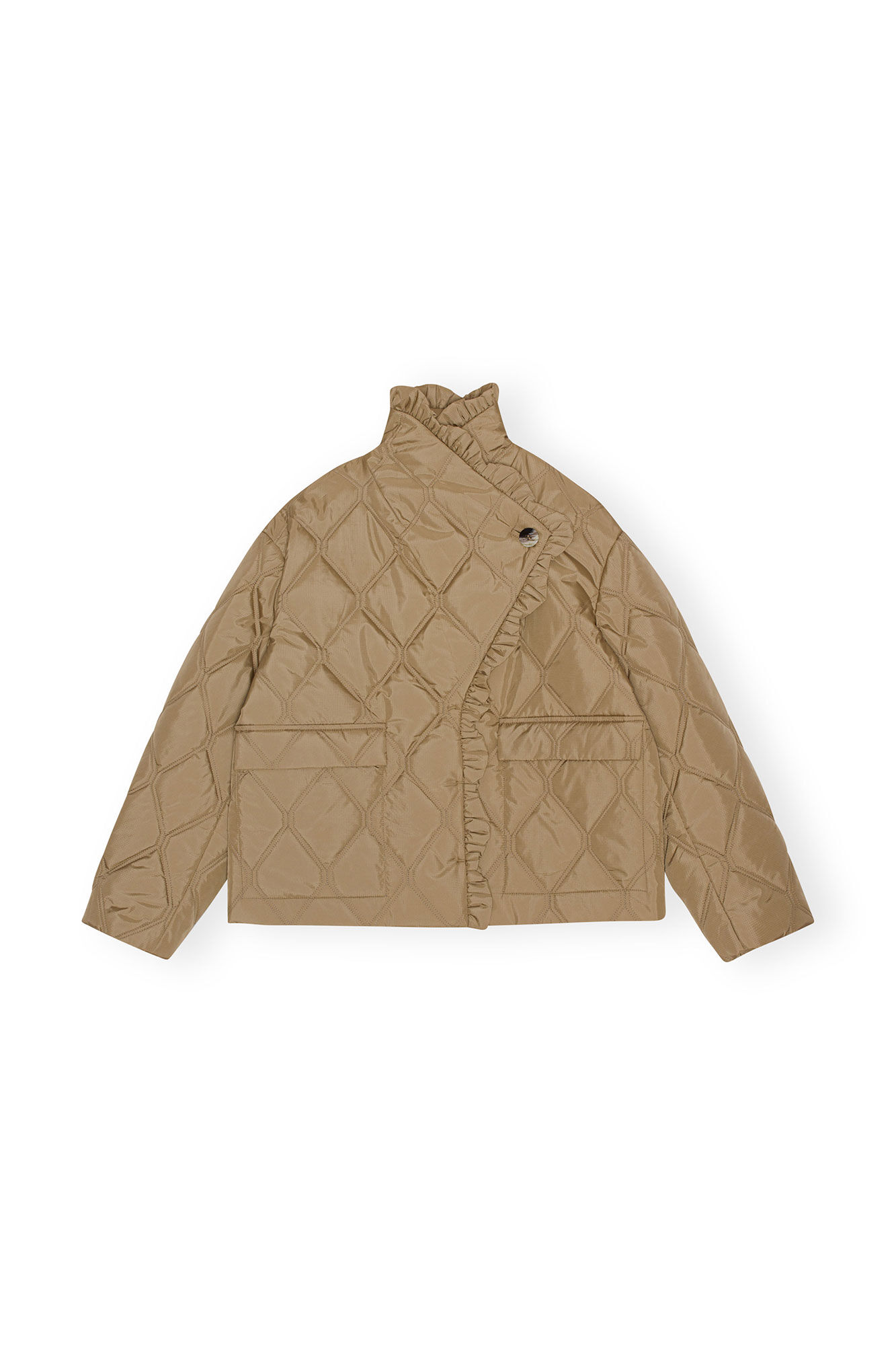 GANNI Ripstop Quilt Frill Edge Jacket in Petrified Oak | endource