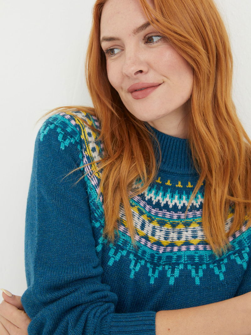 FATFACE Porth Fair Isle Wool Blend Jumper in Teal Blue | endource