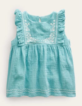 BODEN Embroidered Double Cloth Top in Aqua Sea | endource
