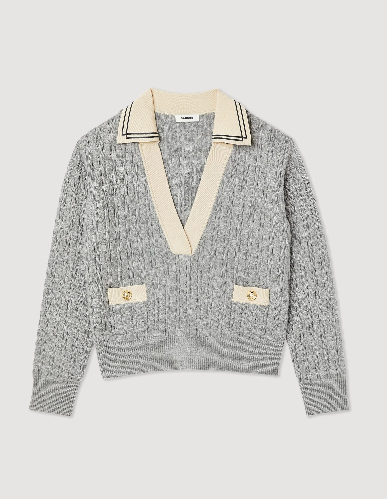 SANDRO Cable Knit Sweater With Low Neckline in Light Grey | endource