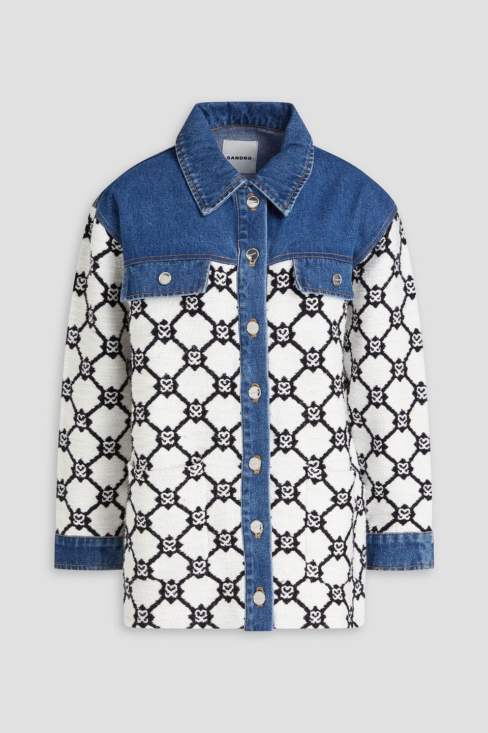 SANDRO Denim-Paneled Jacquard Jacket in White | endource
