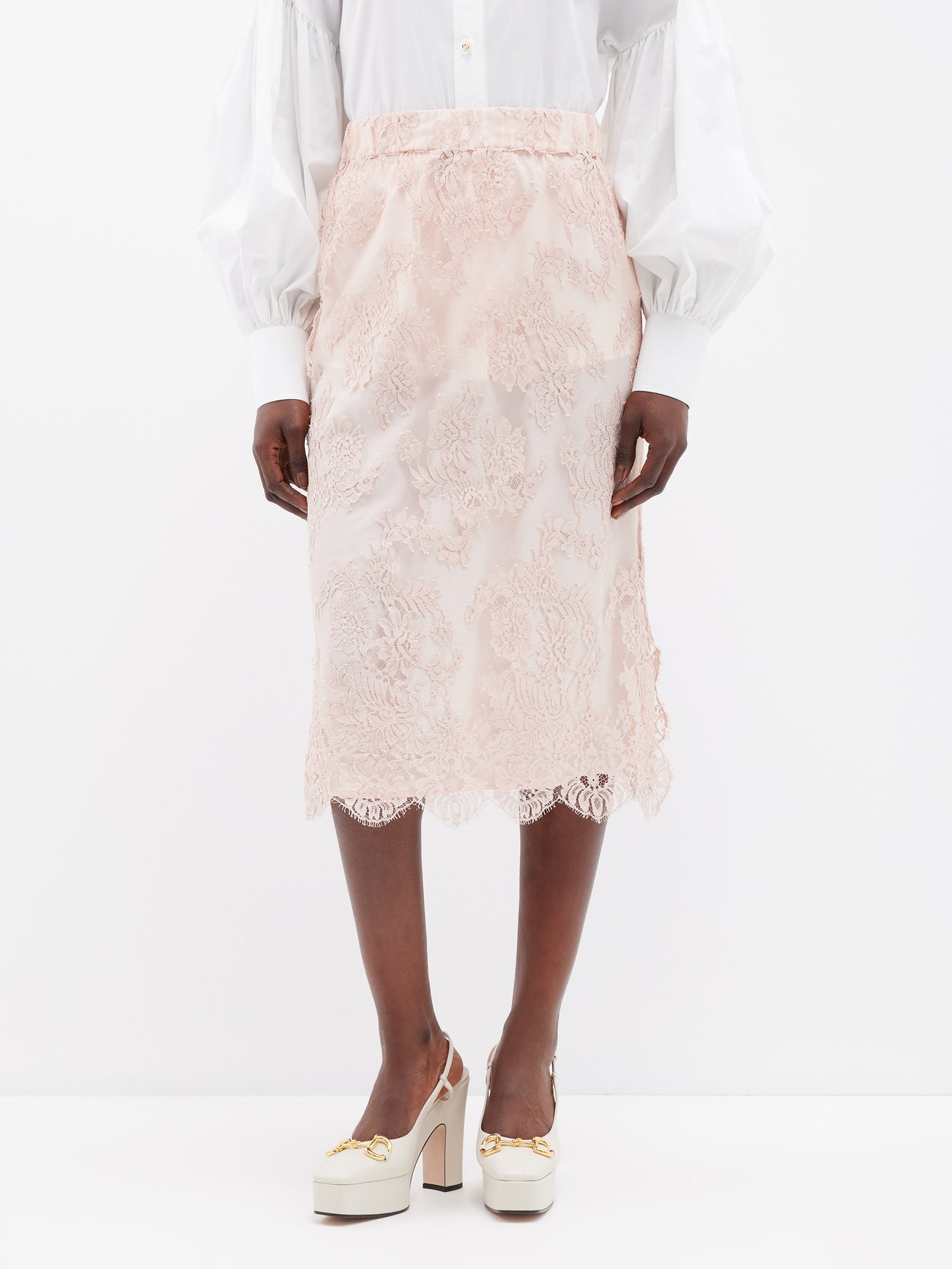 GUCCI Lace-Overlay Cotton-Blend Skirt in Pink | Endource