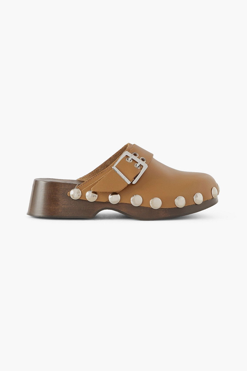 GANNI Studded Buckled Leather Clogs in Brown | endource