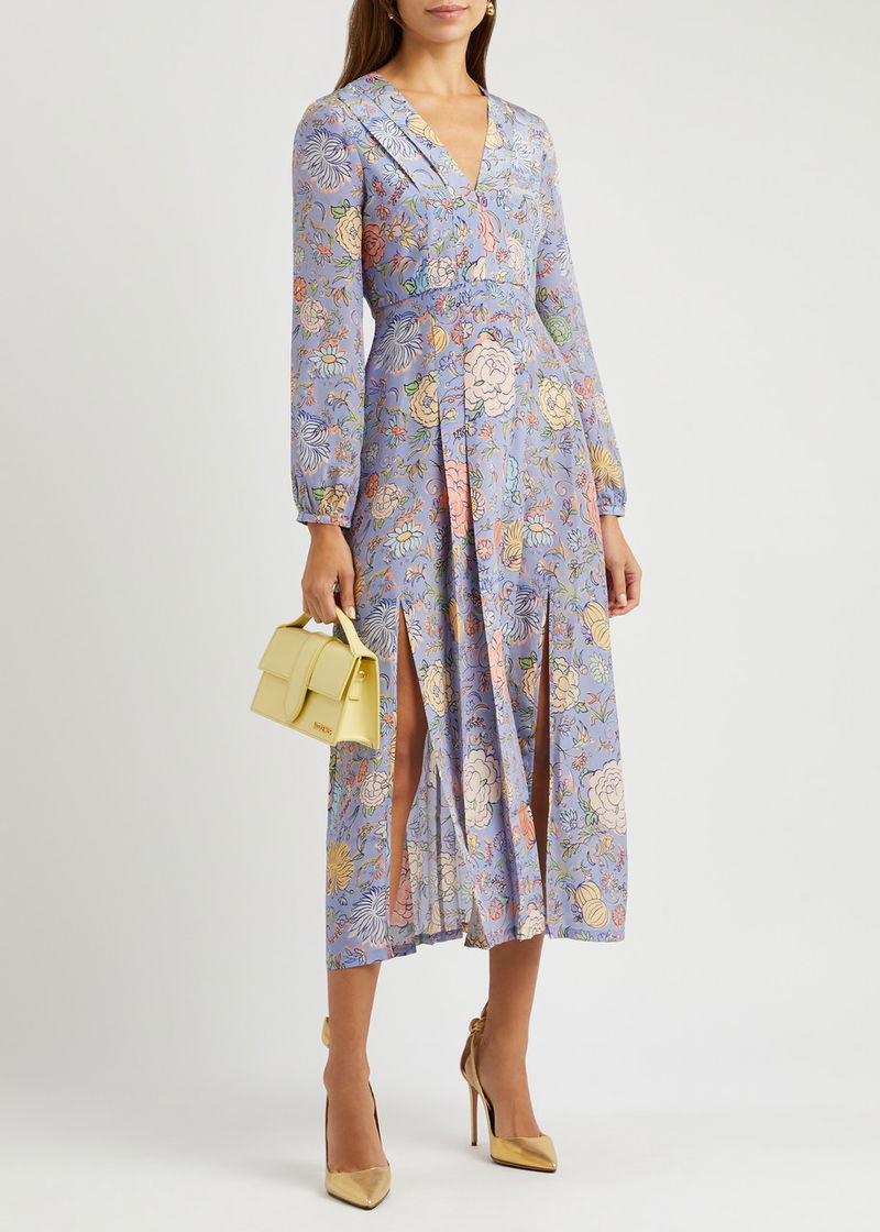 RIXO Camellia Printed Midi Silk Dress | endource